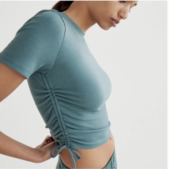 Zara | Tops | Zara Teal Ruched Crop Tee With Side Ties | Poshmark